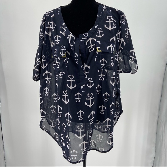 Tops | Womens Navy Blue Sheer Blouse Shirt Nautical Anchor Lightweight ...